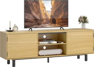 HOMCOM TV-M&ouml;bel 160 cm, TV-M&ouml;bel f&uuml;r Fernseher bis 65 Zoll mit 2 Druckt&uuml;ren und 2 offenen Regalen, Metallf&uuml;&szlig;e, TV-Bank f&uuml;r Wohnzimmer, Schlafzimmer, Naturhol