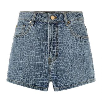 Self Portrait Rhinestone Croc Effect Denim Shorts - - Shorts - Damen - Blau - W28