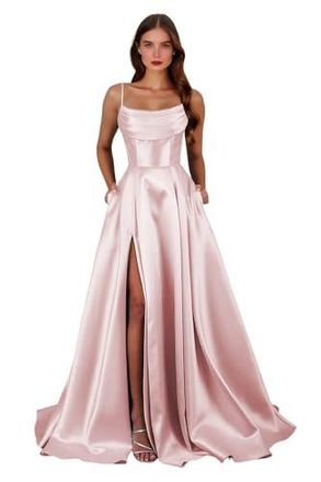 Generic Robes de bal en satin à bretelles spaghetti avec fente trapèze, robes de bal longues robes de soirée formelles avec poches, rose poudré, 52 Grande tai