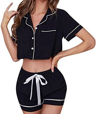 Generic Pyjama Femme Court Coton,Ensemble Pyjama pour Femme,Short à Taille élastique et Haut de Pyjama Manches courtes,Short de Pyjama dété Kawaii pour Femme,