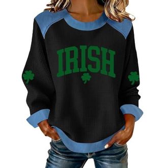 Generic HUIFUAO Irish St Patrick Day Sweatshirt en denim pour femme Imprim&eacute; tr&egrave;fle amusant gaufr&eacute; Jean Coutures Tops St Paddys Day Costumes Tr&egrave;fle Vert T-shir