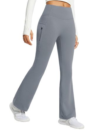 Baleaf Damen Fleece Lined Thermo Yogahose Bootcut Flare Leggings High Waist Warmhose Winterhose Cargohose mit Taschen Grau 2XL