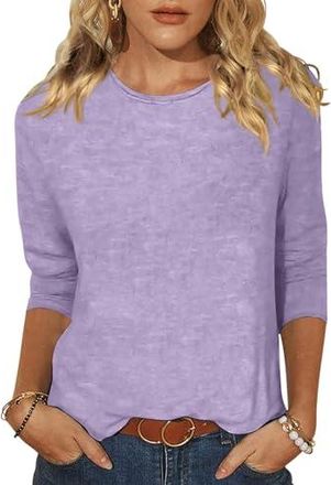 Minetom T-Shirt à Manches 3/4 pour Femme Tee Shirt Col Rond Coupe Classique Ample Léger Pull Femme Chic et Elegant Printemps été Automne Basic Top A Violet XX
