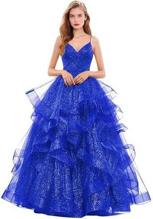 Generic Robe de bal en tulle paillet&eacute; avec col en V et bretelles spaghetti, robe de demoiselle dhonneur, robe de soir&eacute;e formelle longue &agrave; &eacute;tages, bleu marine,