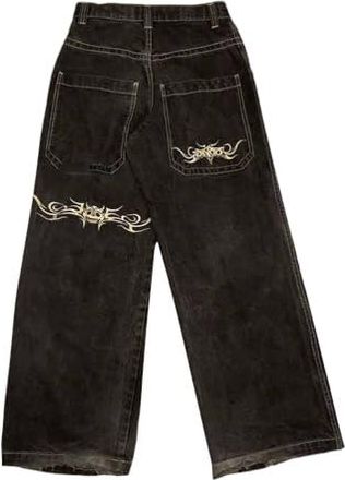 ORANDESIGNE Jeans Y2K Homme Taille Basse Printed Pants Pantalon Unisexe Pantalon Cargo Décontracté Imprimé Hippie Streetwear H Noir XXL