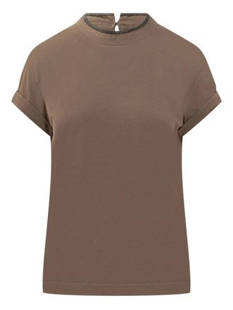 Brunello Cucinelli t-shirt à col à ornements - Marron