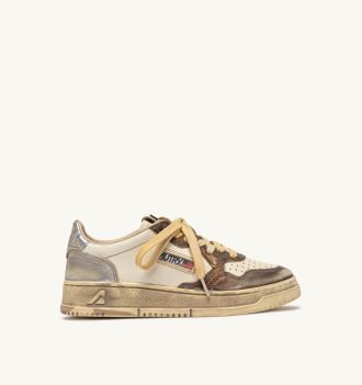 Autry BASKETS MEDALIST LOW SUPER VINTAGE EN CUIR CHOCOLATE ET ARGENT