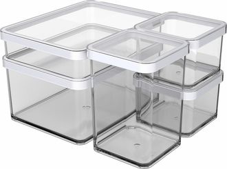 Rotho LOFT Set Premium Vorratsdosen mit Deckel, 5er Set Vorratsbeh&auml;lter K&uuml;che aus Kunststoff, transparent/weiss, 26,0 x 21,0 x 15,5 cm