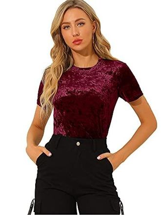 Allegra K T-Shirt en Velours Femme Haut D&eacute;contract&eacute; &agrave; Manches Courtes et Col Rond Pull Bourgogne M