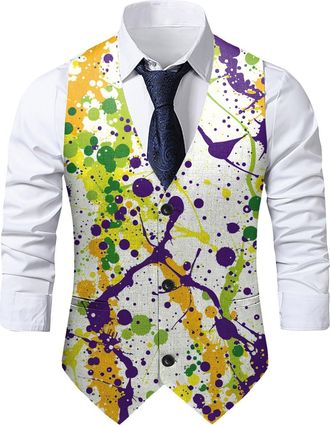 Generic Herren Weste Karneval Kost&uuml;m Bunt Bedruckt Masken Muster Anzugweste V-Ausschnitt Fasching Party Outfit Venedig Themenparty Herrenweste f&uuml;r B&uuml;hne Umzug