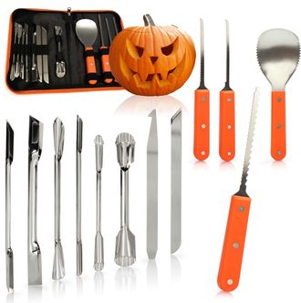 Com-Four 12-teiliges Kürbis Schnitz-Set für Halloween - Schneide-Werkzeuge zum Aushöhlen von Kürbissen - Messer, Löffel und Schnitz-Zubehör in Premium-Tasche (