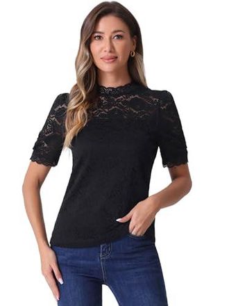 Allegra K Haut en Dentelle Florale Femmes Col Montant Manches Courtes Bouffantes Demi-Transparentes Chemisier &Eacute;l&eacute;gant T-Shirt Noir L