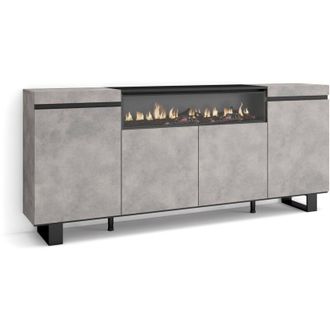 Skraut Home Sideboard, Highboard, Kommode, Komodenschrank, 200x87x35cm, 4 T&uuml;ren, Elektrokamin. Ma&szlig;e, Industriedesign, Moderner Stil, Zementgrau - Skraut Home