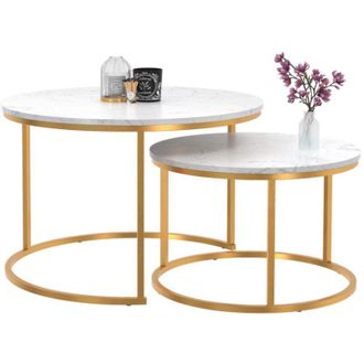 IDMarket Set aus 2 runden Couchtischen ALASKA rund 54/70 mit Marmoreffekt und vergoldetem Fu&szlig;