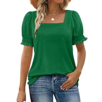 Generic T-shirt d&eacute;contract&eacute; &agrave; col carr&eacute; et manches smock&eacute;es pour femme, haut habill&eacute; et d&eacute;contract&eacute; &agrave; manches volant&eacute;es, vert clair, XXL