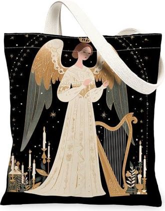 Generic Angel Sacs fourre-tout en toile, motif harpe vintage, sacs d&eacute;picerie, sacs d&eacute;picerie r&eacute;utilisables, chics de vacances, lavables en toile pour voyage B