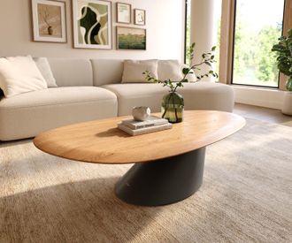 DELIFE Couchtisch Edge Oval 140x75 cm Eiche Natur Runde Kante Conis Metall Schwarz, Couchtische