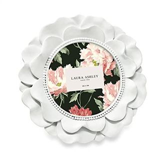 Laura Ashley Round Resin Ornate Flower Design Picture Frame with Beaded Border, for Tabletop and Wall Display, Floral Home Décor (White)