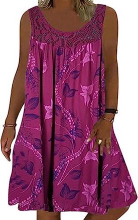 Minetom Dentelle Robe Été Femme de Plage Rétro Robes Col Rond Robes au Genou sans Manches Imprimé Floral Casual Tuniques Ample A1 Rose Foncé XXL