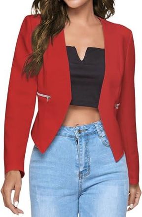 Generic Gilet Blazer Tendance à Fermeture éclair pour Femme, Manches Longues, Ouvert sur Le Devant, idéal pour Le Bureau et Quotidien, Rouge, Taille XX-Large