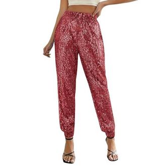 Generic Pantalon scintillant pour femme - &Eacute;lastique - Coupe haute - Brillant - Pantalon crayon d&eacute;contract&eacute; - Pantalon long - Tenue de vacances - Pyjama 3/4 po