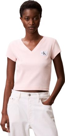 Calvin Klein Damen T-Shirt Kurzarm Woven Label Rib Tee mit V-Ausschnitt, Rosa (Cloud Pink), XXS