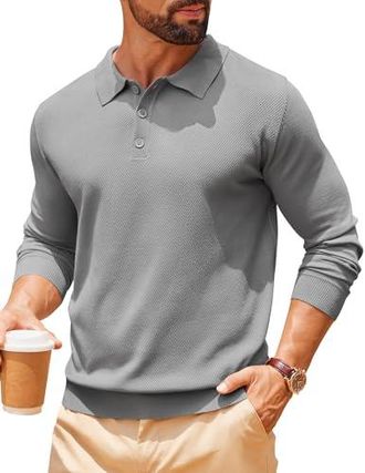 Coofandy Pull Homme Polo Manches Longues tricot&eacute; Slim fit &eacute;l&eacute;gant Casual Hiver Chaud Travail Gris Moyen S