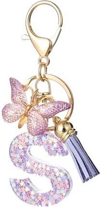 Generic Porte-cl&eacute;s en r&eacute;sine avec pendentif papillon et pompon en forme de lettre de lalphabet A Z pour sac de femme Petit portefeuille pour femme, PP18, tail
