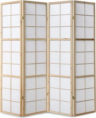 Homestyle4u 167, Paravent Raumteiler Innen Holz 4 teilig Natur Raumtrenner Sichtschutz Trennwand freistehend Reispapier Wei&szlig;