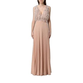 Elisabetta Franchi Abito lungo in tulle e jersey cristalli - Femme - Robes - Beige - Taille: 44 FR
