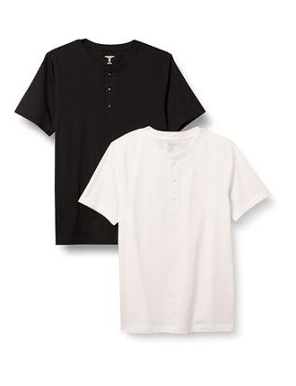 Amazon Essentials Henley en Coton Coupe Slim &agrave; Manches Courtes Homme, Lot de 2, Blanc/Noir, M