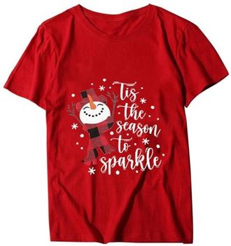 Generic T-shirt de No&euml;l pour femme bonhomme de neige d&eacute;contract&eacute; col rond imprim&eacute; arbre de No&euml;l manches courtes, rouge, XXL