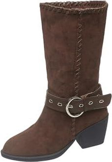 Generic Bottes de cowboy larges en daim synth&eacute;tique pour femme - Bout pointu - Boucle &eacute;l&eacute;gante - Talon bloc - Bottes mi-mollet &agrave; enfiler - Bottes mi-mollet, c