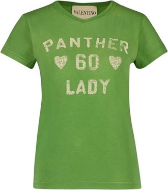 Valentino Garavani Femme, Tops, Vert, Taille: 40 FR T-shirt en coton imprim&eacute; Laurel Panther Lady Valentino Garavani