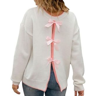 Generic Pull pour femme en tricot dos nu avec noeud papillon &agrave; manches longues - Coupe ample - Col rond - Doux et confortable - Haut tendance pour rendez-vous