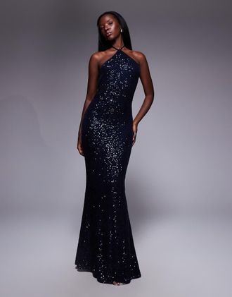 Asos Neckholder-Maxikleid in Marineblau mit Paillettenbesatz