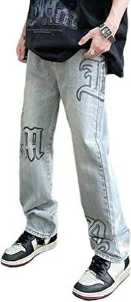 ORANDESIGNE Jeans Cargo Y2K Homme Mode Noir Streetwear Coréen Lettre imprimée Taille Basse Jeans Baggy Pantalon Droit Hip Hop Pantalon en Denim à Jambe Large C Bl