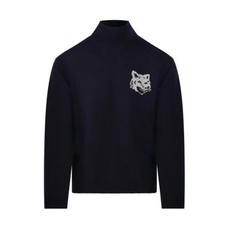 Maison Kitsun&eacute; Fox Head Intarsia Merino High Neck Pullover - - Knitwear - Herren - Blau - L