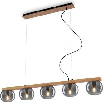 Briloner Pendant lamp, with wood, smoked glass, 5xE14/max.1