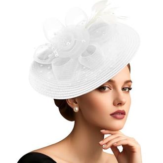 Dreshow Chapeau Fascinateur en Maille avec Plume Perl&eacute;e sur Bandeau et Pince Fourchue Chapeau Cocktail Tea Party pour Filles et Femmes Noble Kentucky Hat