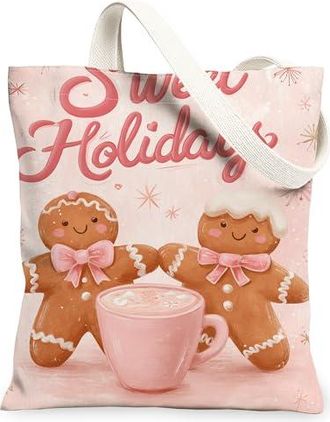 Generic Sacs fourre-tout en toile de pain d&eacute;pice pour les f&ecirc;tes de fin dann&eacute;e, sacs d&eacute;picerie r&eacute;utilisables, mignons pour lhiver, &eacute;paules lavables S, P&ecirc;che, 1