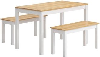 Soges Esstisch-Set aus Massivholz mit 2 B&auml;nken | Essgruppe aus Kiefernholz f&uuml;r 4 Personen | 108 cm gro&szlig;er Esstisch & Hocker als Arbeits- und Schreibtisch | 