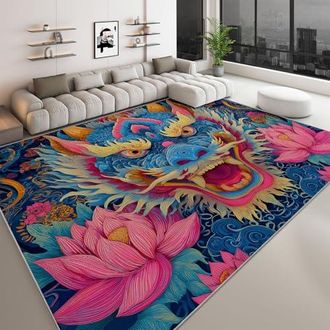 Generic Tapis Imprim&eacute; Antid&eacute;rapant 140 x 200 cm, Tapis Chinois Traditionnel Animaux Dragons pour Adolescent Gar&ccedil;on Fille Adulte - Paillasson pour Salon Chambr