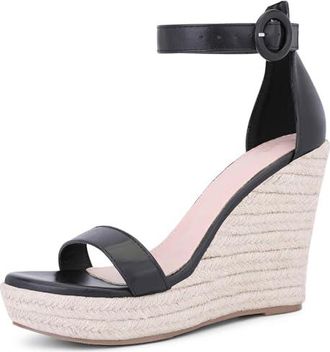 Allegra K Sandales compens&eacute;es pour femme avec sangle de cheville et bout ouvert, Noir, 36.5 EU