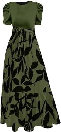 Generic Oyuchga Robe longue d&eacute;t&eacute; &eacute;l&eacute;gante pour femme - Col rond - Manches courtes - Robe florale - Robe d&eacute;contract&eacute;e - Robe de plage - Taille haute - Robe tun