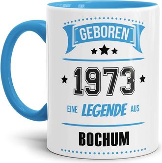 Tassendruck Geburtstags-Tasse Geboren 1973 Eine Legende aus Bochum Innen & Henkel Hellblau/Geschenk/mit Spruch/Mug/Cup/Becher/Qualit&auml;t Made in Germany