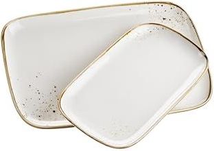 Mäser Serie Pintar, hochwertiges Platten-Set, 2-teilig mit Platten in zwei Größen, moderne eckige Form, helle Glasur, visuelle braune Sprenkel und feiner Ra