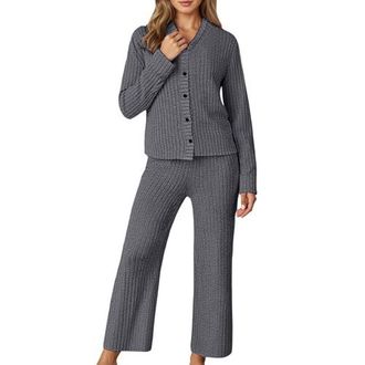 Generico Pyjama long pour femme en tricot c&ocirc;tel&eacute; 2 pi&egrave;ces avec t-shirts longs et pantalon de pyjama confortable et doux, gris fonc&eacute;, XXL