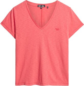 Superdry Damen Strukturiertes T-Shirt mit V-Ausschnitt und Stickerei W&uuml;rzig Koralle 38