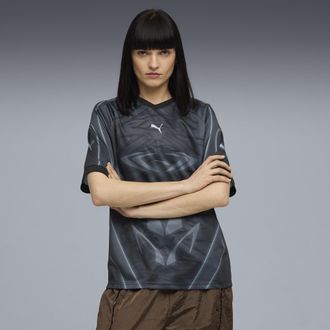 Puma TECH Allover-Print Relaxed Fu&szlig;balltrikot Unisex, Kleidung, Schwarz, M